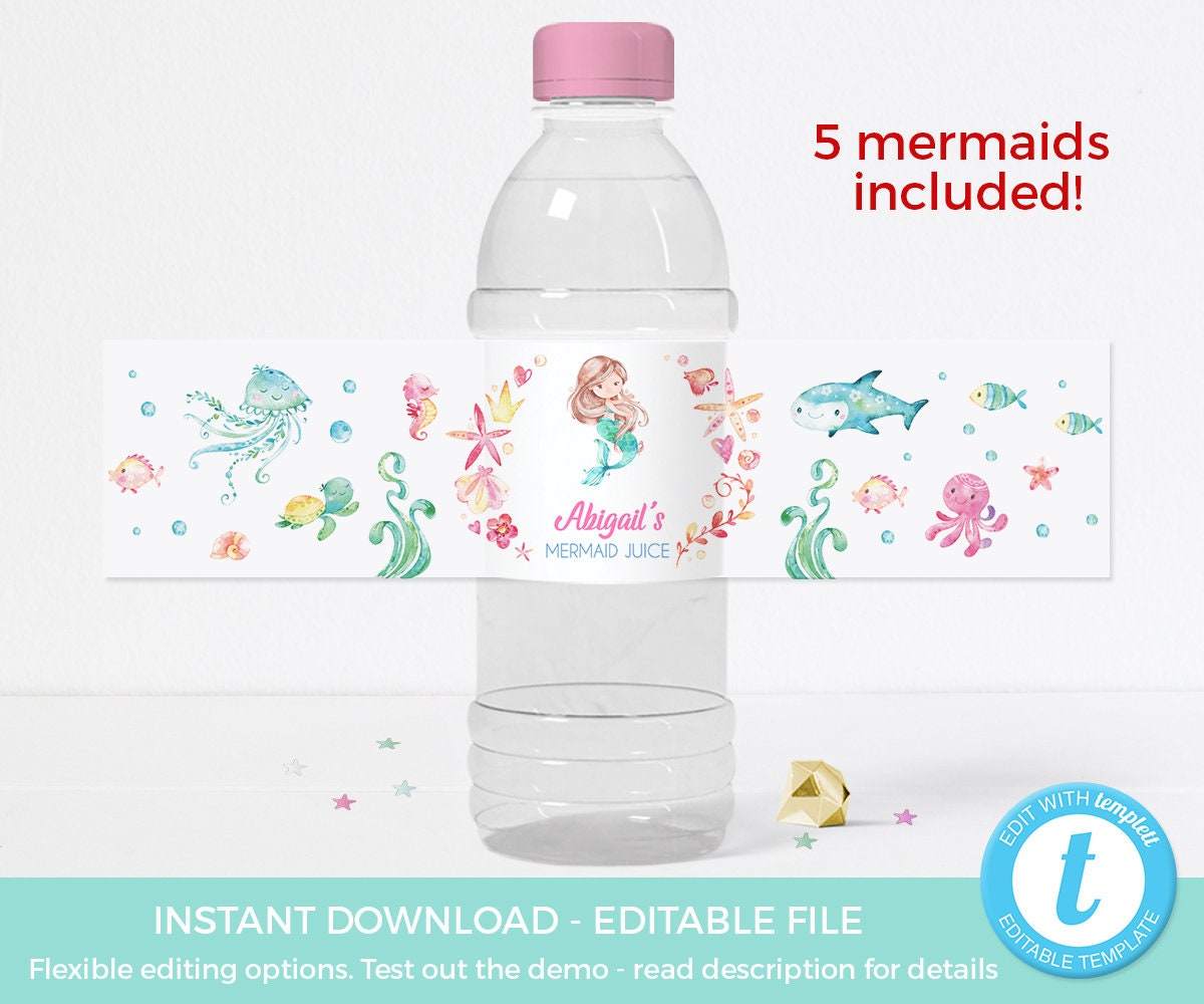 Mermaid water bottle labels EDITABLE template pool party | Etsy