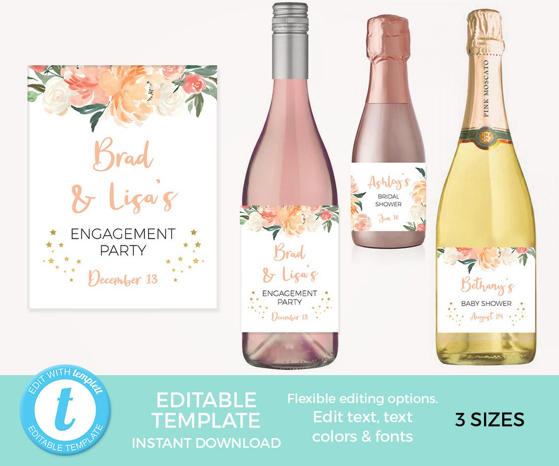 Peach Wine Labels TEMPLATE Floral Mini Champagne Labels - Etsy