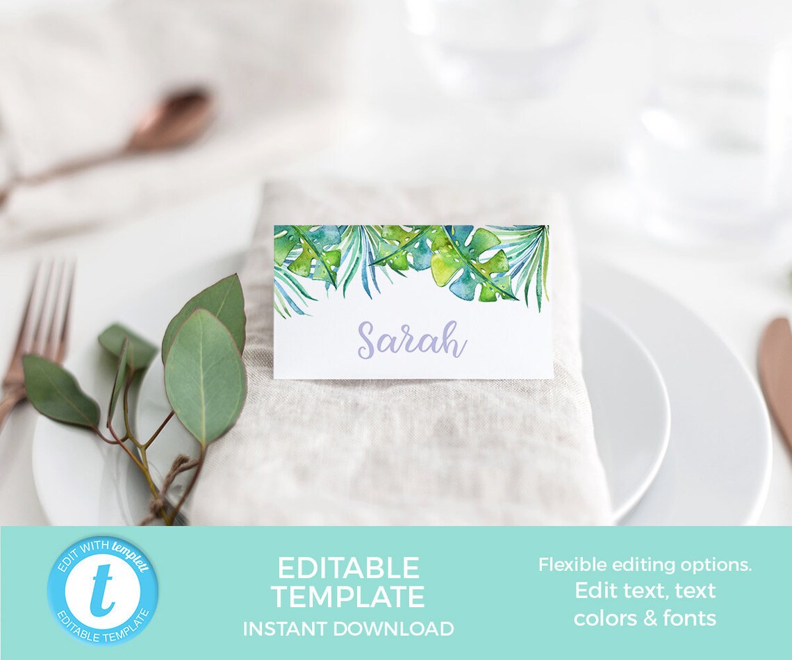 Tropical Place Cards EDITABLE Template Leaf Name Card - Etsy