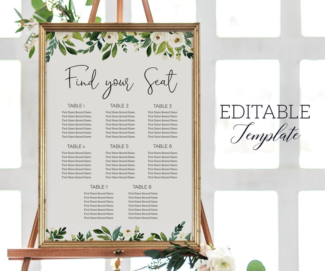 EDITABLE Table Seating Chart. Greenery Seating Chart TEMPLATE - Etsy