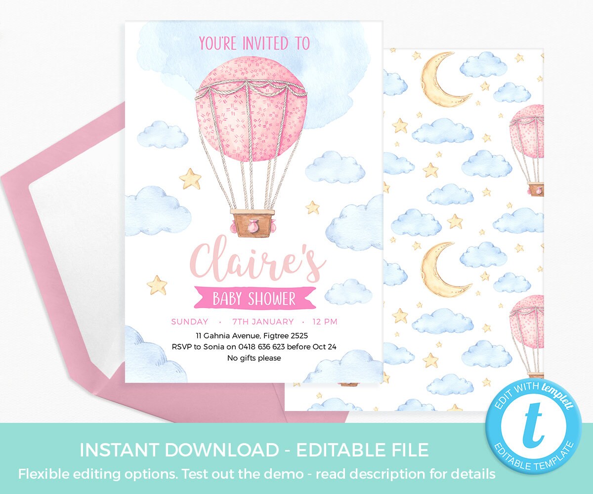 Hot Air Balloon Invitation INSTANT Download. Girl Birthday | Etsy