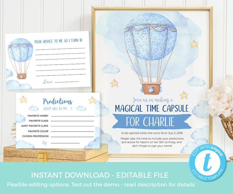 Hot Air Balloon Time Capsule TEMPLATE Blue First Birthday | Etsy