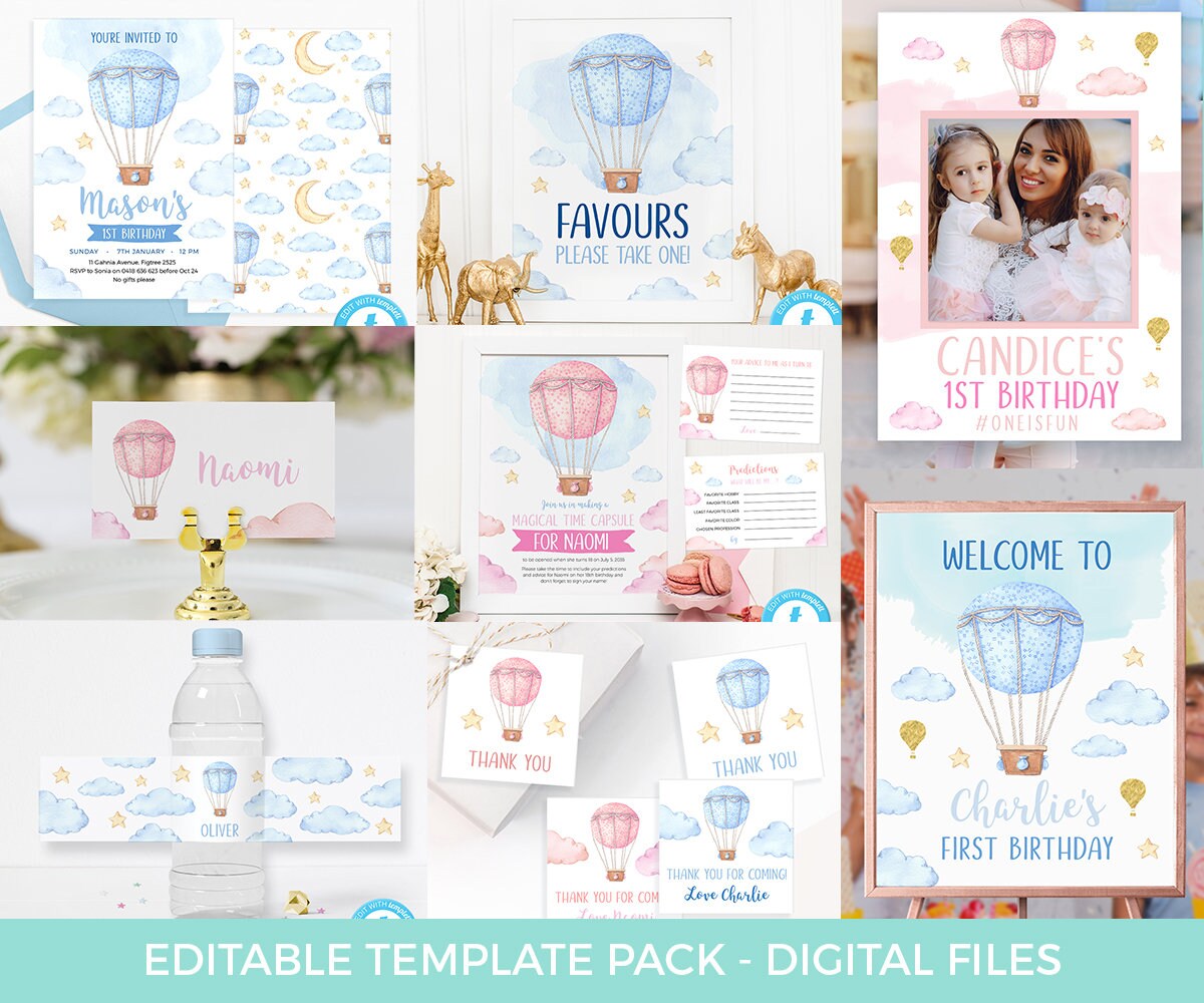 Hot air balloon water bottle labels PRINTABLE Editable 1st | Etsy