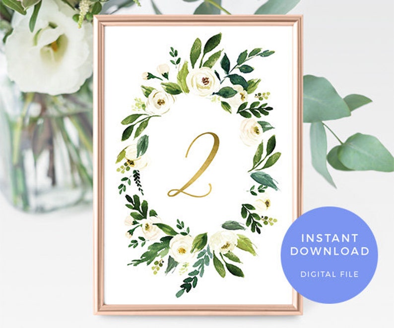 Greenery Table Numbers PRINTABLE. Gold Table Number Cards | Etsy