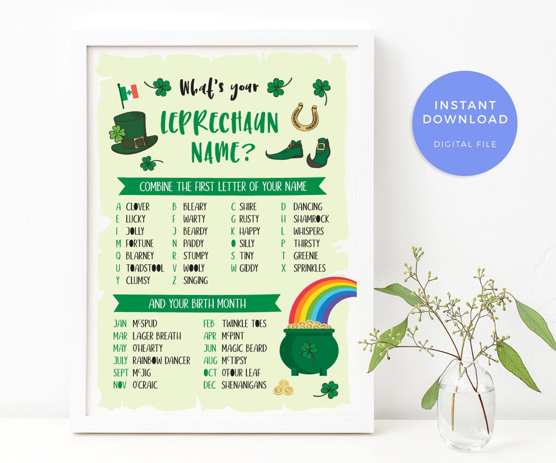 St Patricks Day Game PRINTABLE, Whats Your Leprechaun Name Sign, Name ...