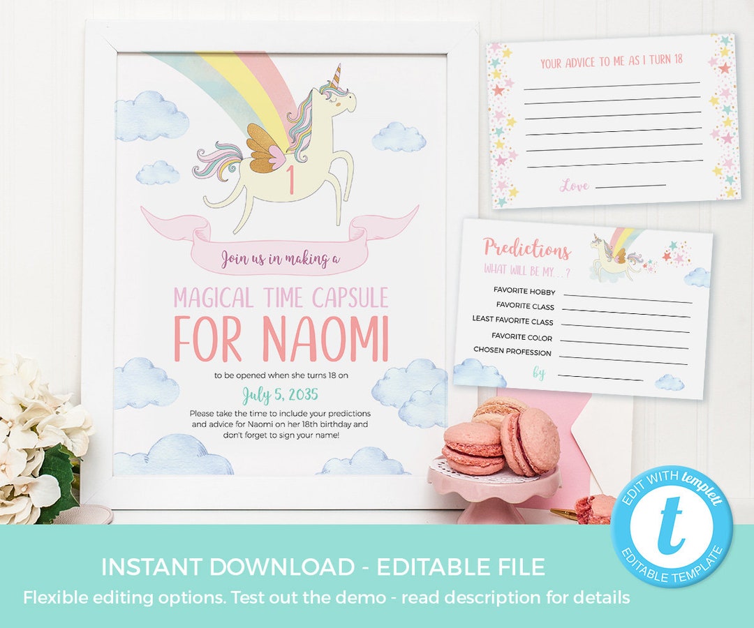 First Birthday Time Capsule TEMPLATE, Unicorn Time Capsule EDITABLE ...