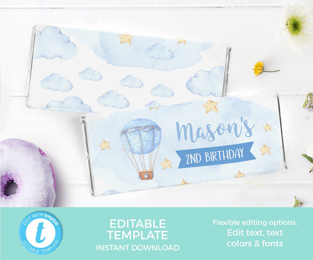 Hot Air Balloon Chocolate Wrapper Labels Editable Template, up up ...