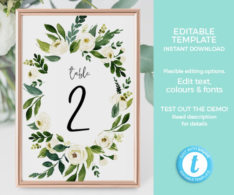 Greenery Table Numbers TEMPLATE. Organic Table Decor EDITABLE | Etsy