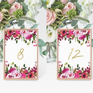 Bright Pink Table Numbers PRINTABLE. Gold Table Number Cards INSTANT ...