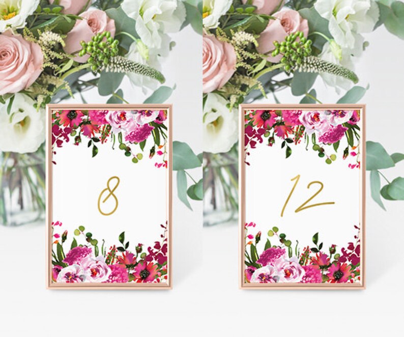 Bright Pink Table Numbers PRINTABLE. Gold Table Number Cards | Etsy