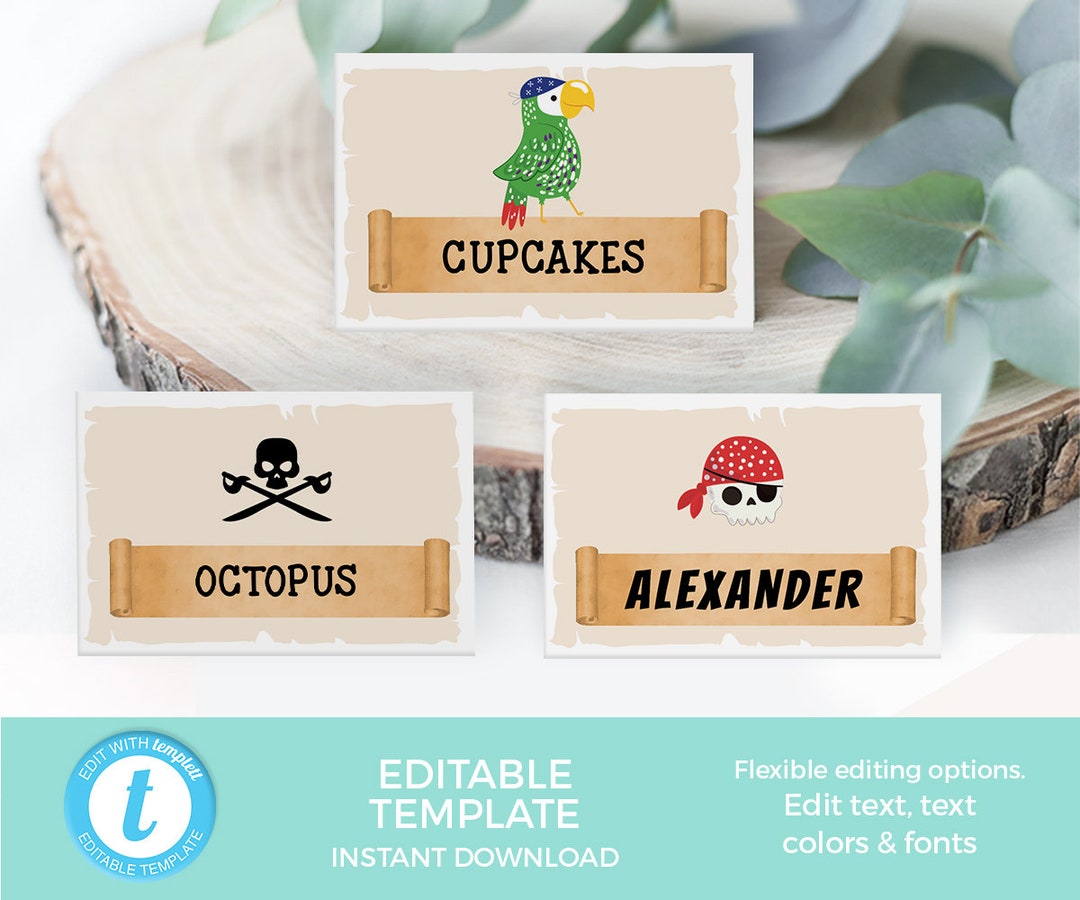 Pirate Party Place Cards Template, Pirate Theme Food Labels EDITABLE ...