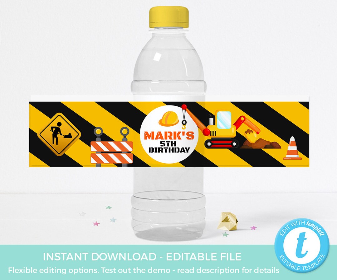 Construction Water Bottle Labels EDITABLE, Construction Label PRINTABLE ...