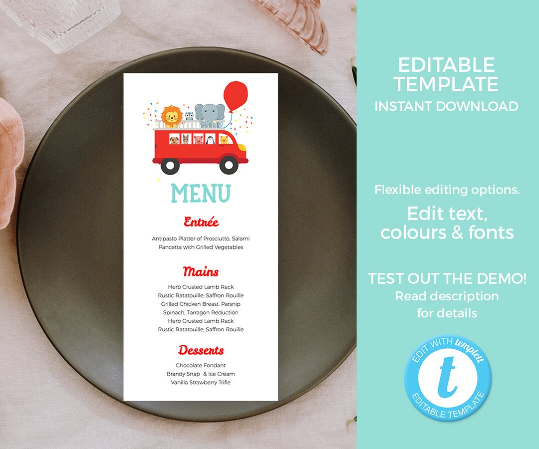 Fire Truck Menu TEMPLATE, Menu Card EDITABLE, Fire Engine Birthday ...