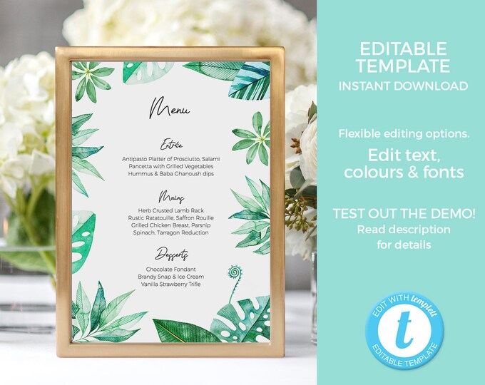 Tropical Menu TEMPLATE, Baby Shower Menu EDITABLE, Greenery Menu Card ...