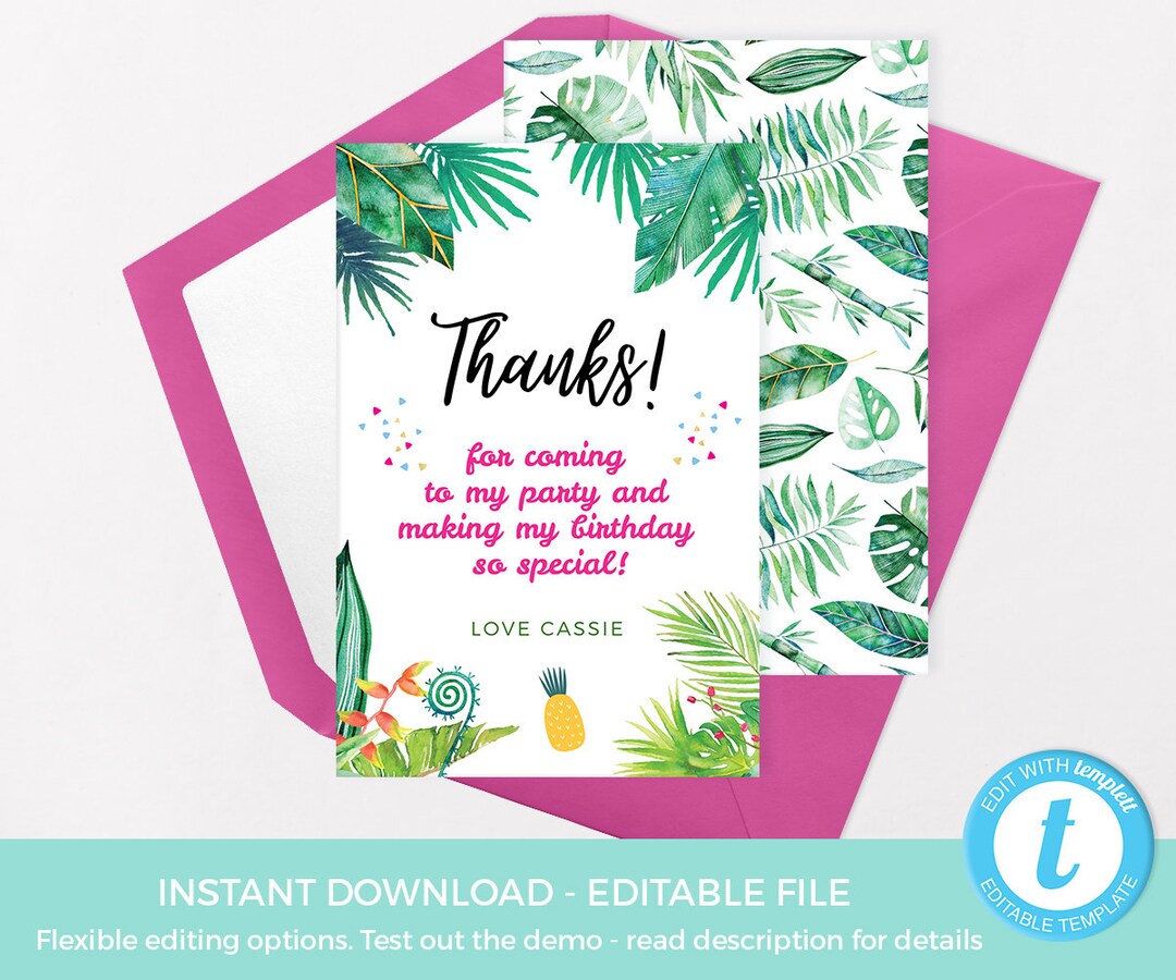 Tropical Thank You Card EDITABLE, Pool Party Thankyou Card PRINTABLE ...