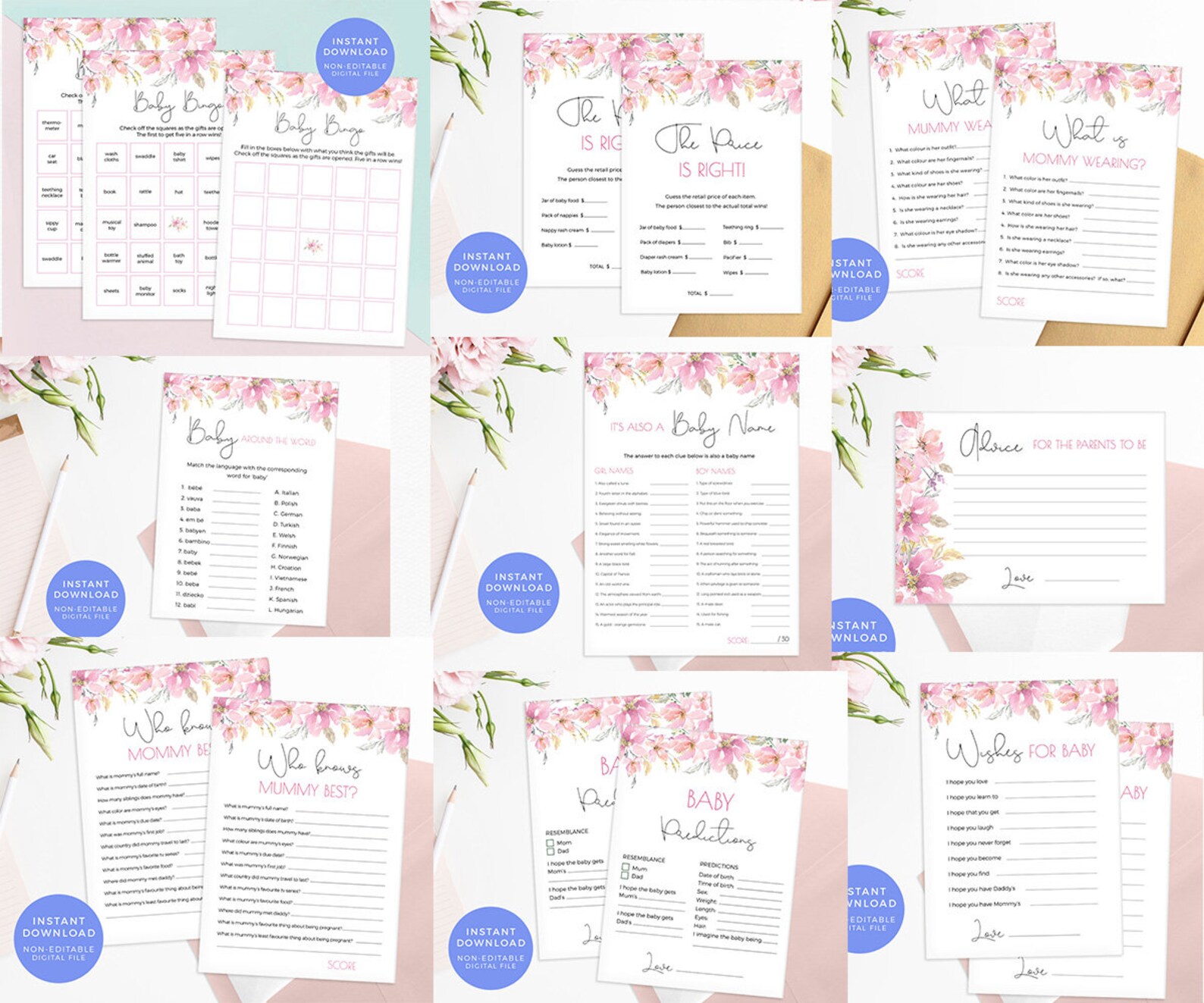 Pink Wishes for baby card PRINTABLE Classy Baby Shower Games | Etsy