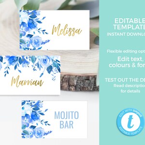 Blue Floral Bottle Labels TEMPLATE, Blue Water Bottle Labels PRINTABLE ...