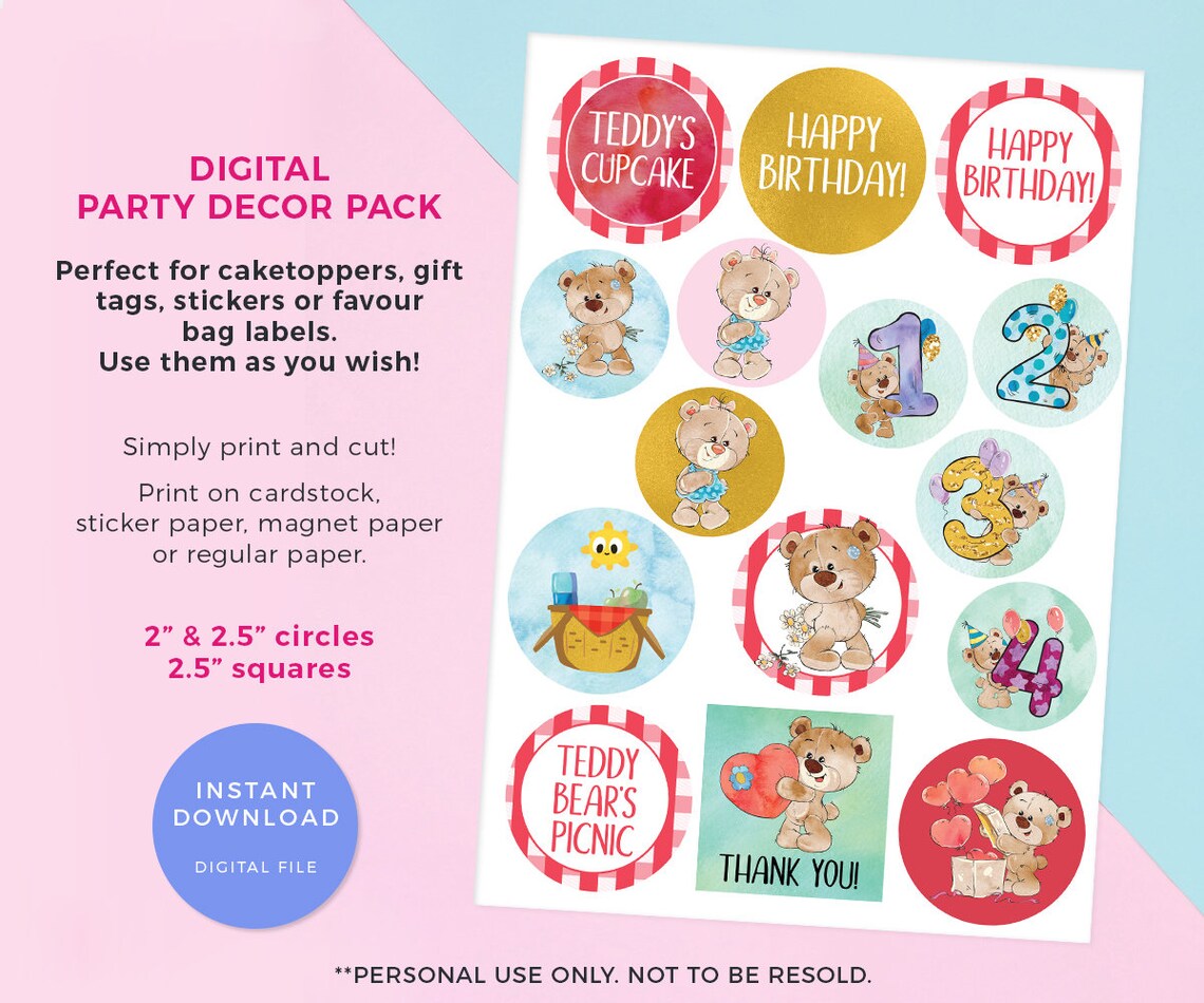 Picnic Cupcake Toppers Picnic Labels Printable Teddy Bears | Etsy