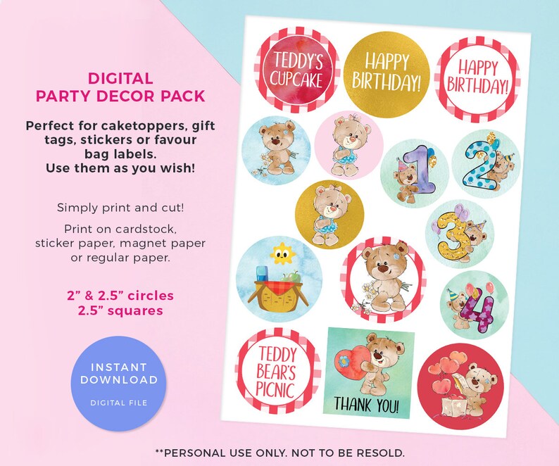 Picnic Cupcake Toppers Picnic Labels Printable Teddy Bears - Etsy
