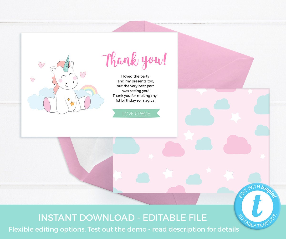 Cute Unicorn Thank You Card EDITABLE Unicorn Cards PRINTABLE | Etsy