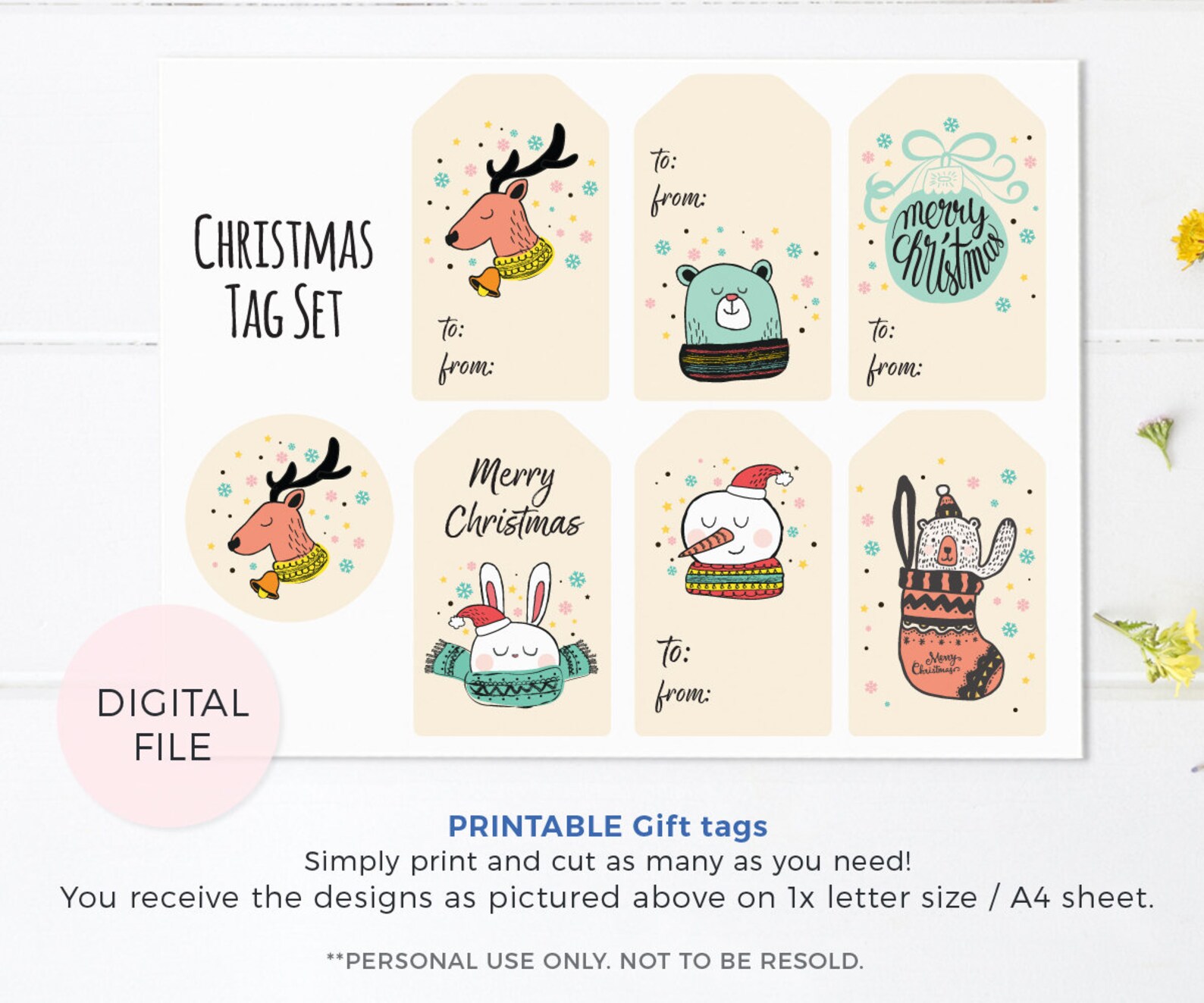 Printable Christmas Gift Tags Cute Reindeer Gift Tags | Etsy