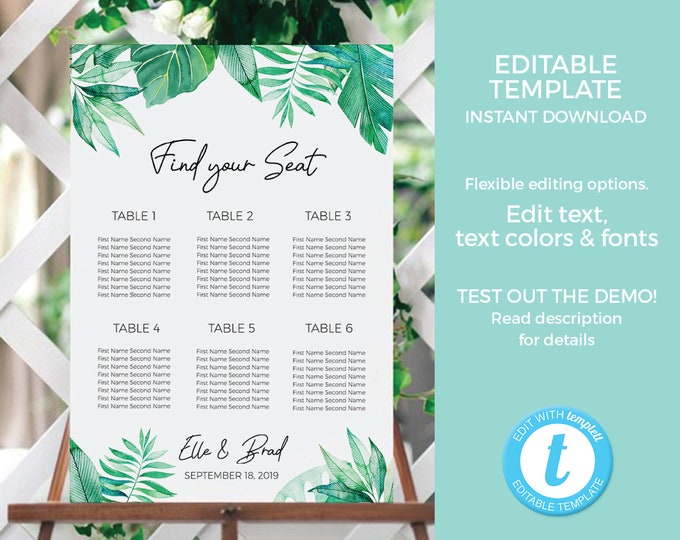 Tropical Table Seating Chart EDITABLE Table Seating Plan TEMPLATE ...