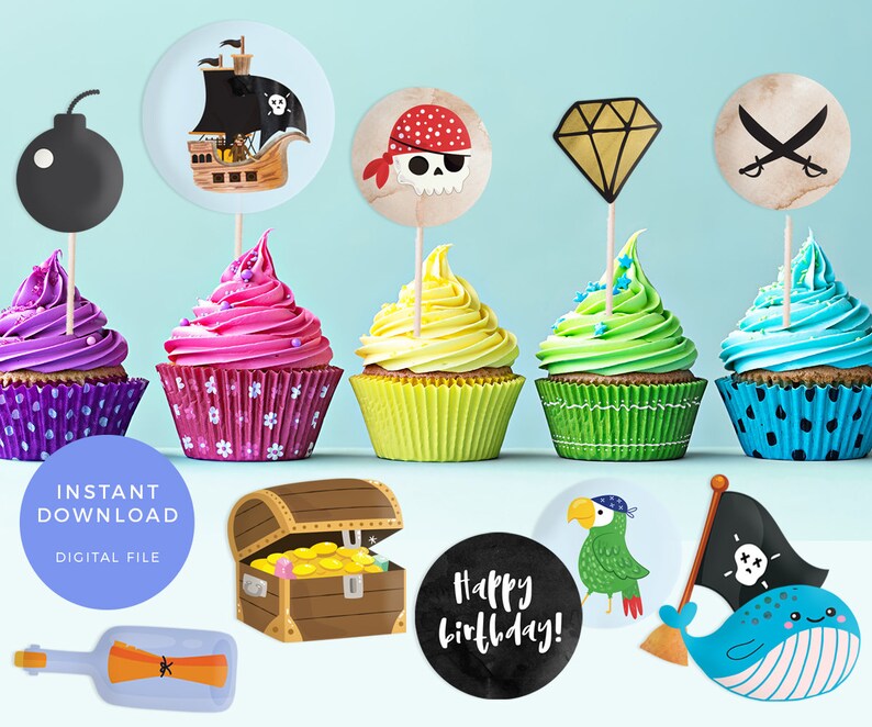 Pirate cupcake toppers Printable Pirate labels Pirate theme | Etsy