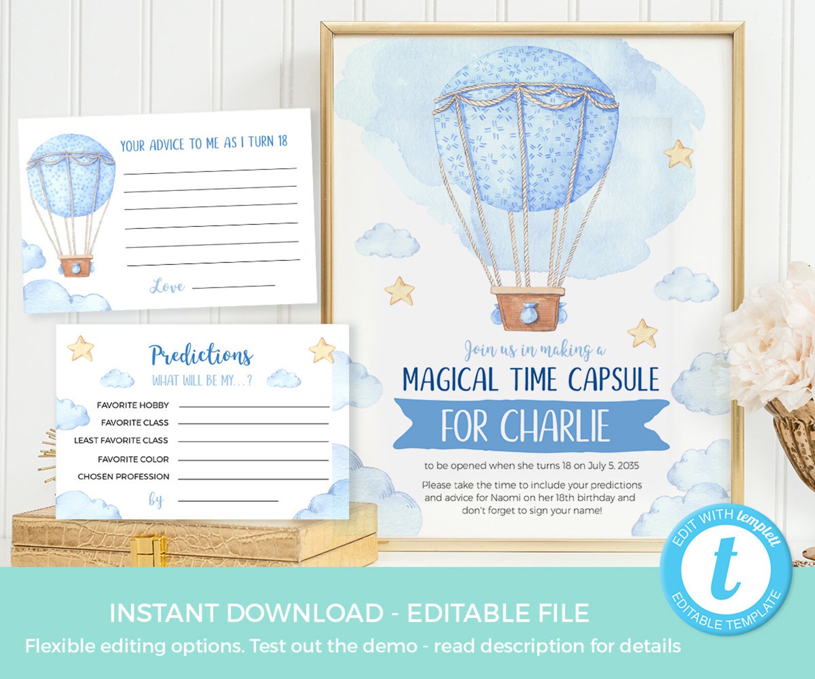 Blue Birthday Decorations PRINTABLE Pink Hot Air Balloon - Etsy