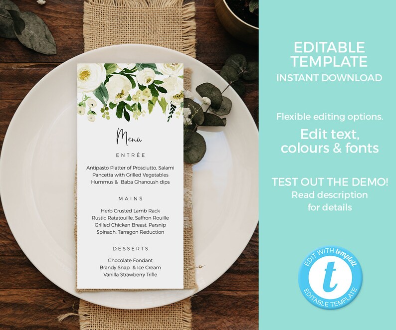 Greenery Menu TEMPLATE Baby Shower Menu EDITABLE Menu Card - Etsy