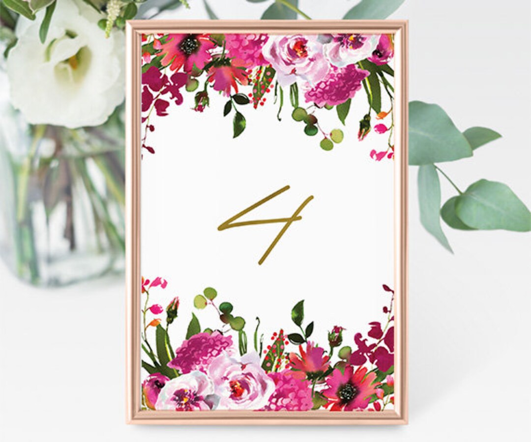 Bright Pink Table Numbers PRINTABLE. Gold Table Number Cards INSTANT ...