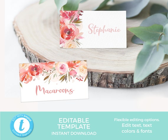 Blush Place Cards EDITABLE Template Pink Floral Name Cards - Etsy