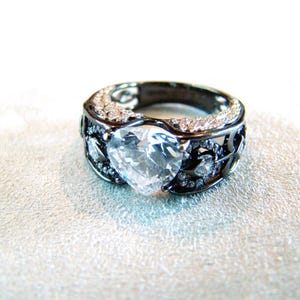 Vancaro Black Sterling Silver Clear CZ Heart Angel Wings Ring Goth Size ...