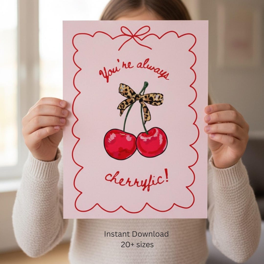 Gift for Girl, Printable Pink Poster, Cherry and Leopard Bow Wall Art ...