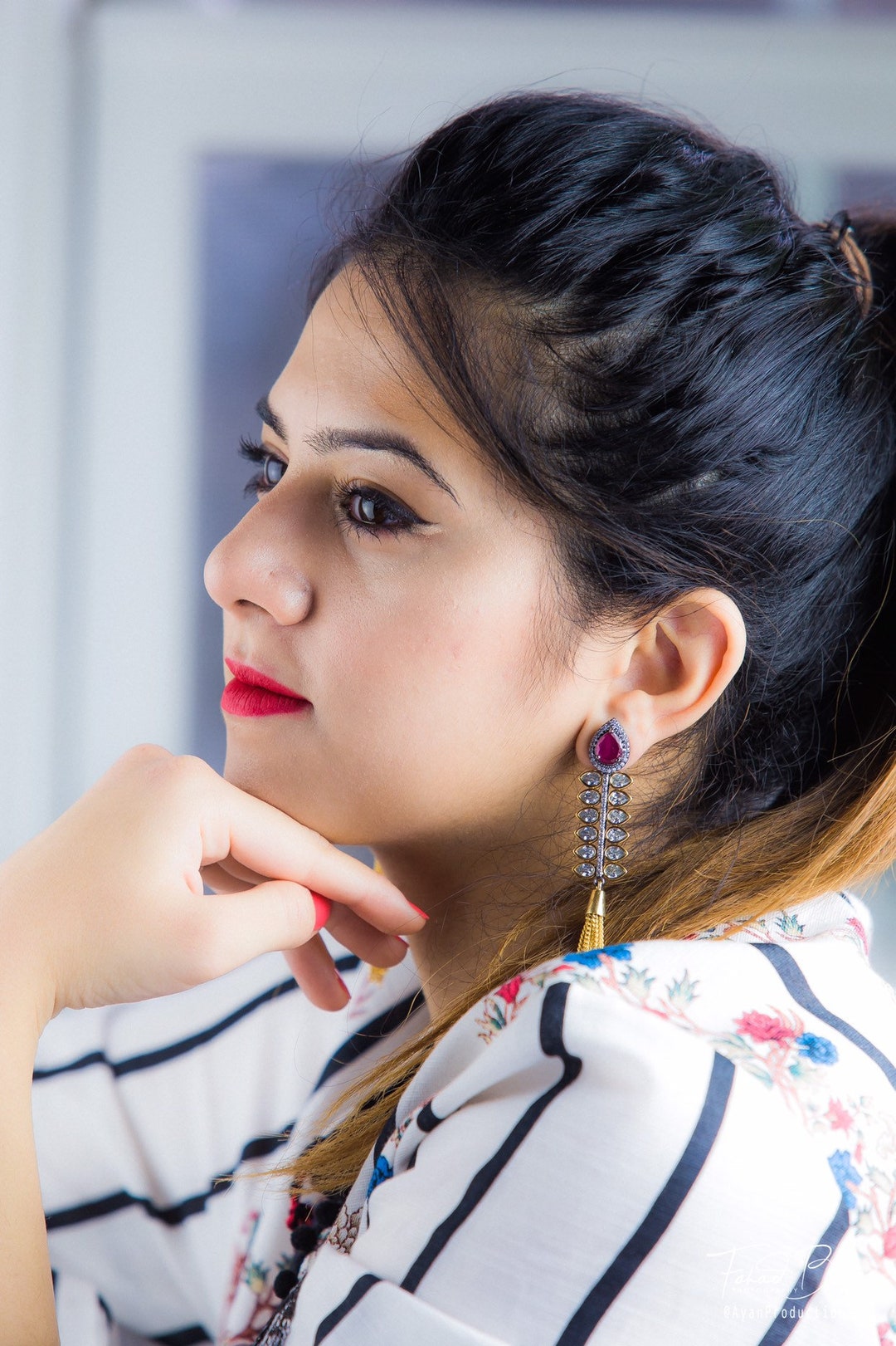 New Arrival Pink Onyx Ruby And American Diamond Earrings Statment