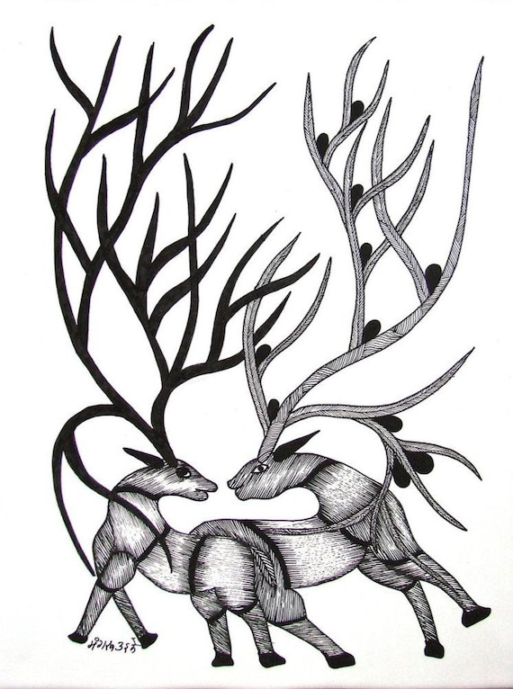 Hand-sketched Ink Deer Drawing Black & White Deer Pair | Etsy