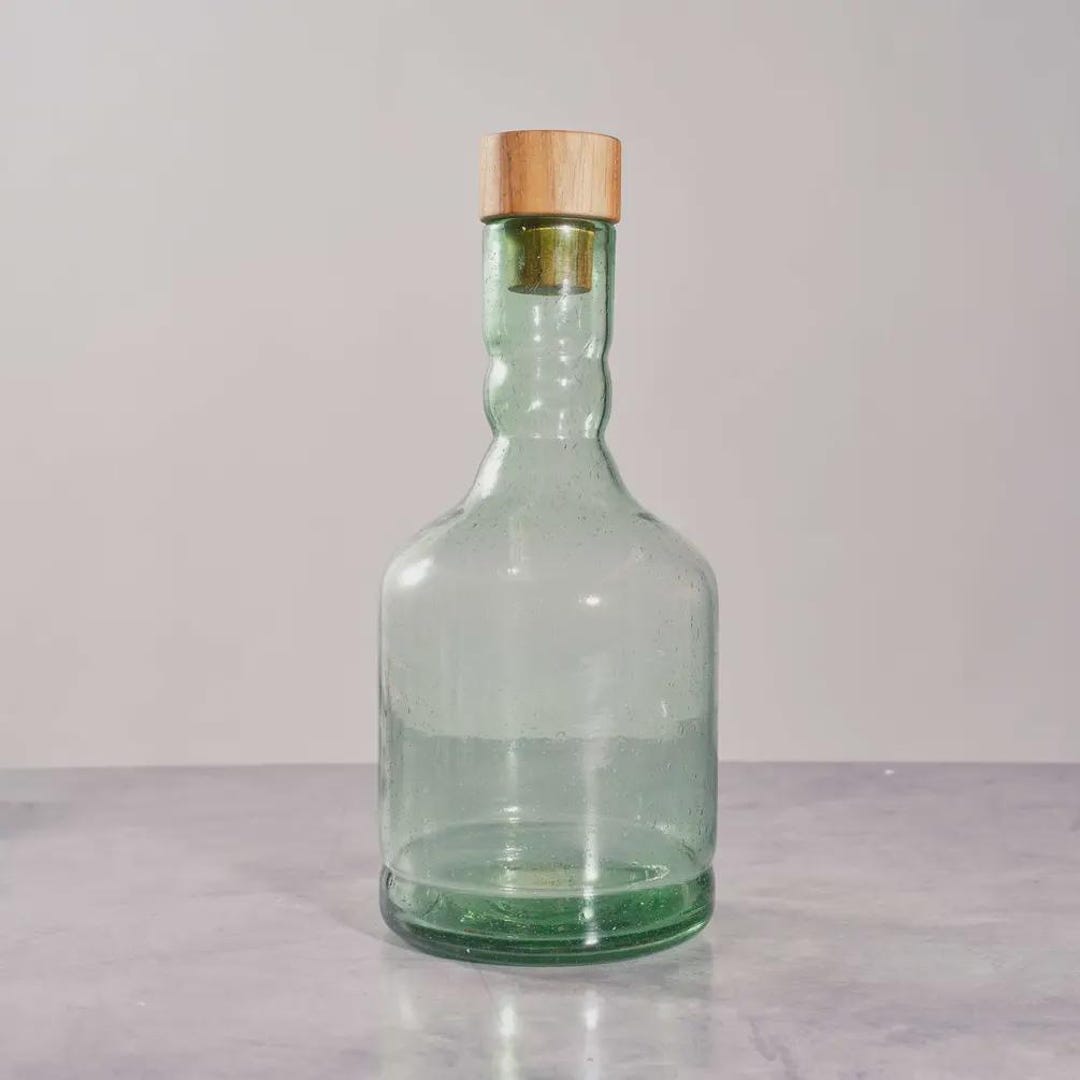 Hand-blown Green Glass Decanter | Recycled Glass Water Bottle With Wood ...