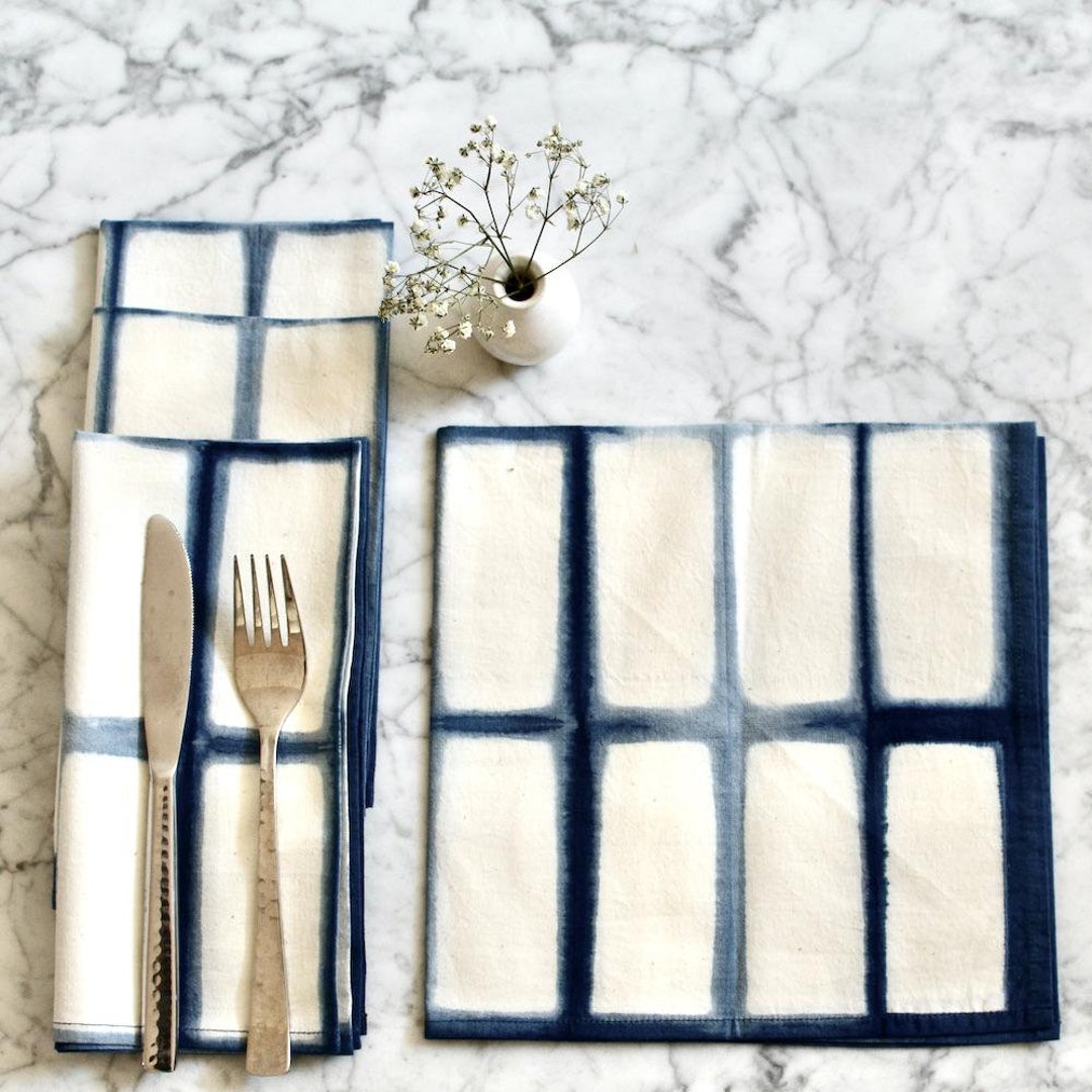 Rectangle Pattern Hand-dyed Napkins: Set of Four | Japanese Shibori ...