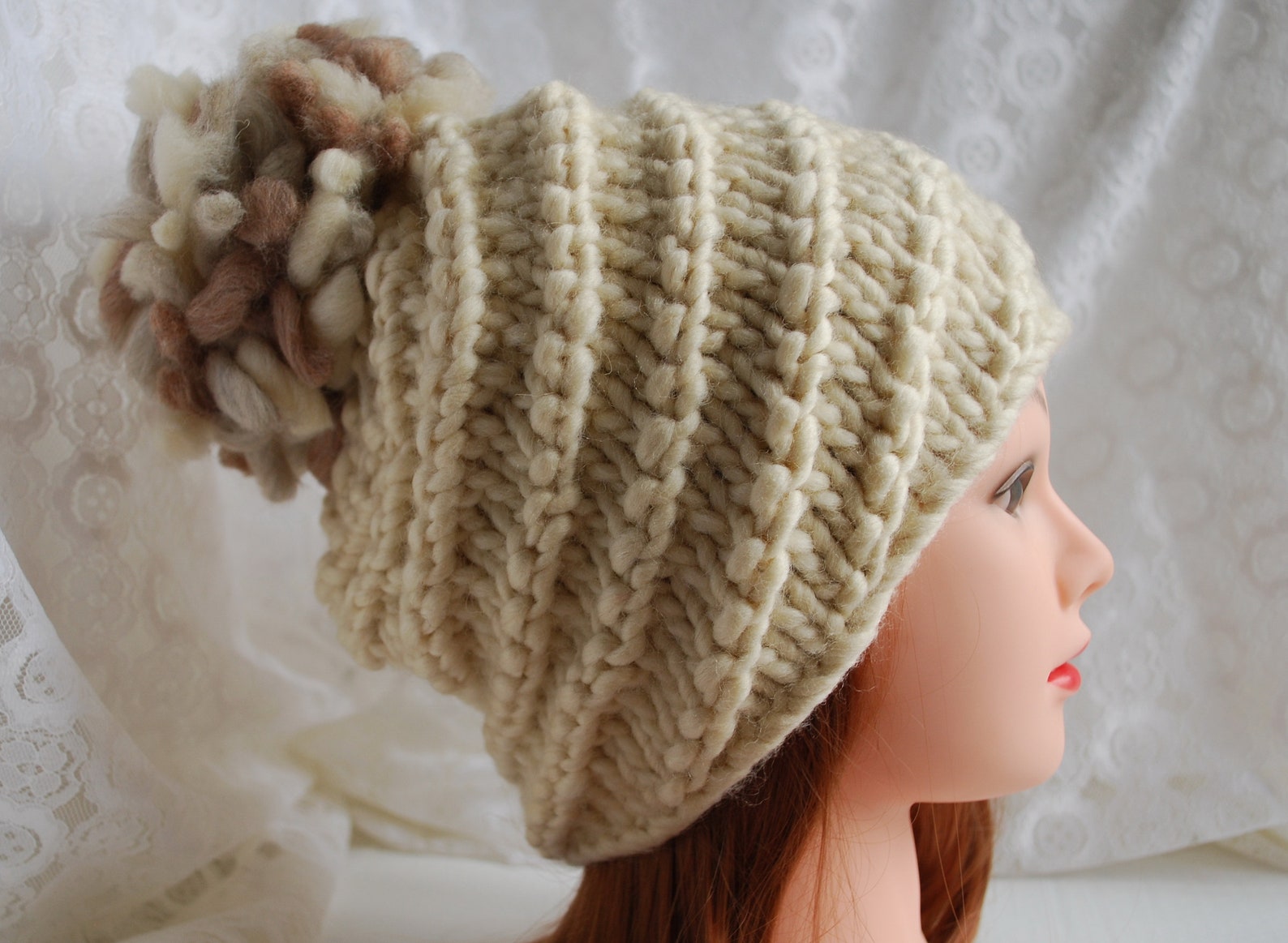 Ivory Knit Wool Beanie Hat, Knit Warm Pom Pom Beanie, Winter Pom Pom ...