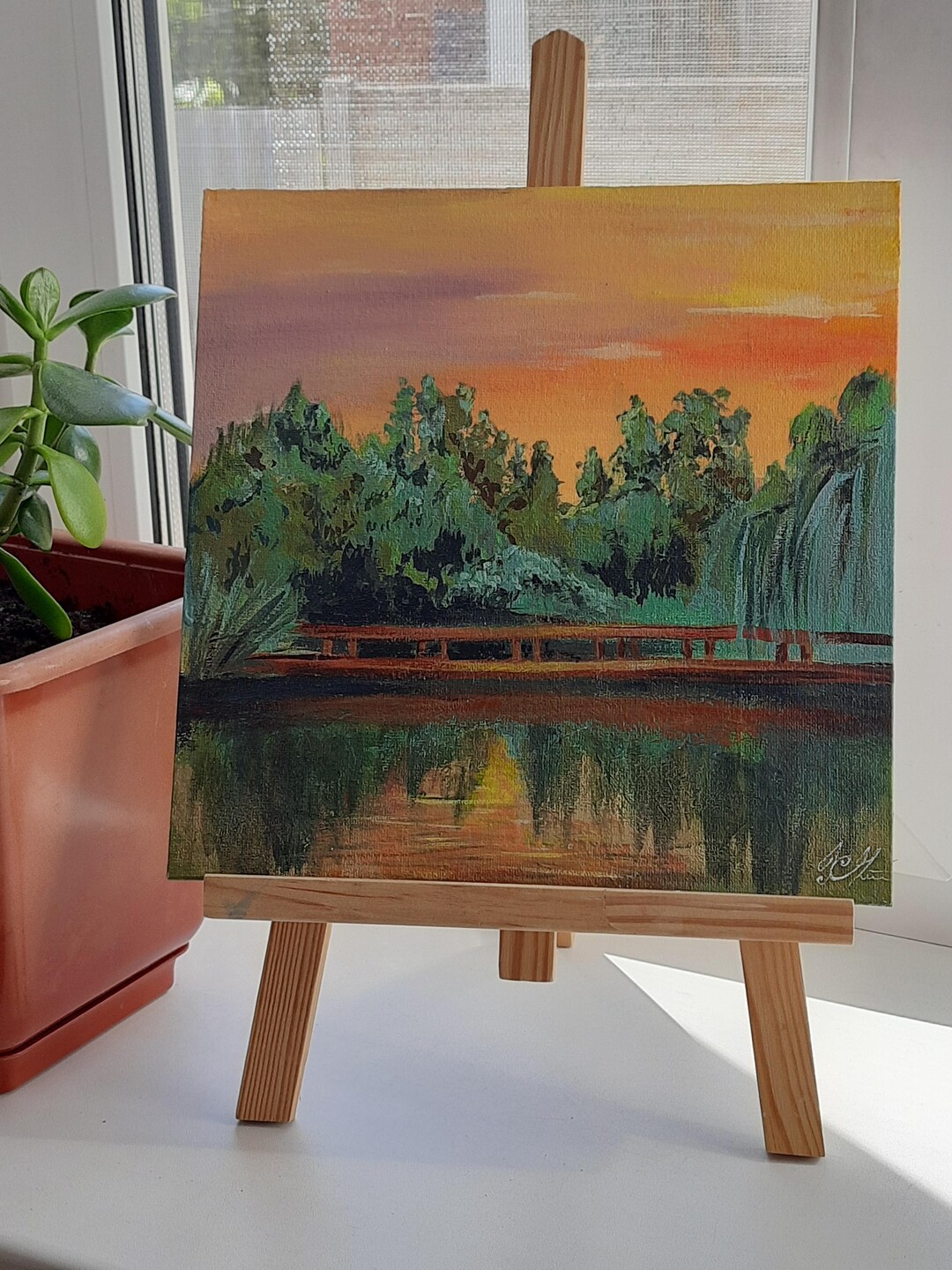 Small Acrylic Landscape Painting: Sunset Lake Scene, Handmade Wall Art ...