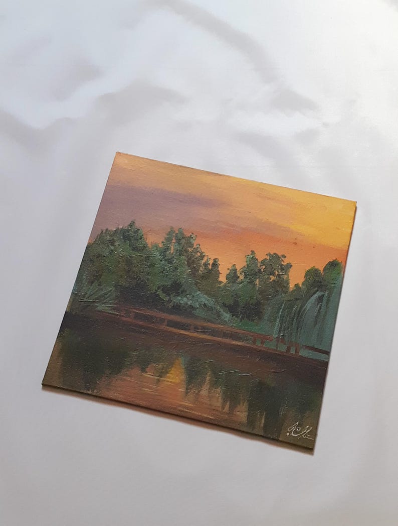 Small Acrylic Landscape Painting: Sunset Lake Scene, Handmade Wall Art ...