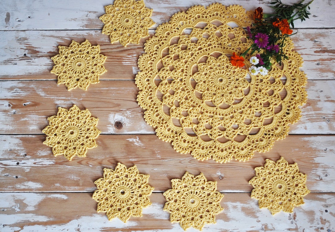 Crochet Doilies Set: Yellow Cotton Coasters, Home Decor Gift - Etsy