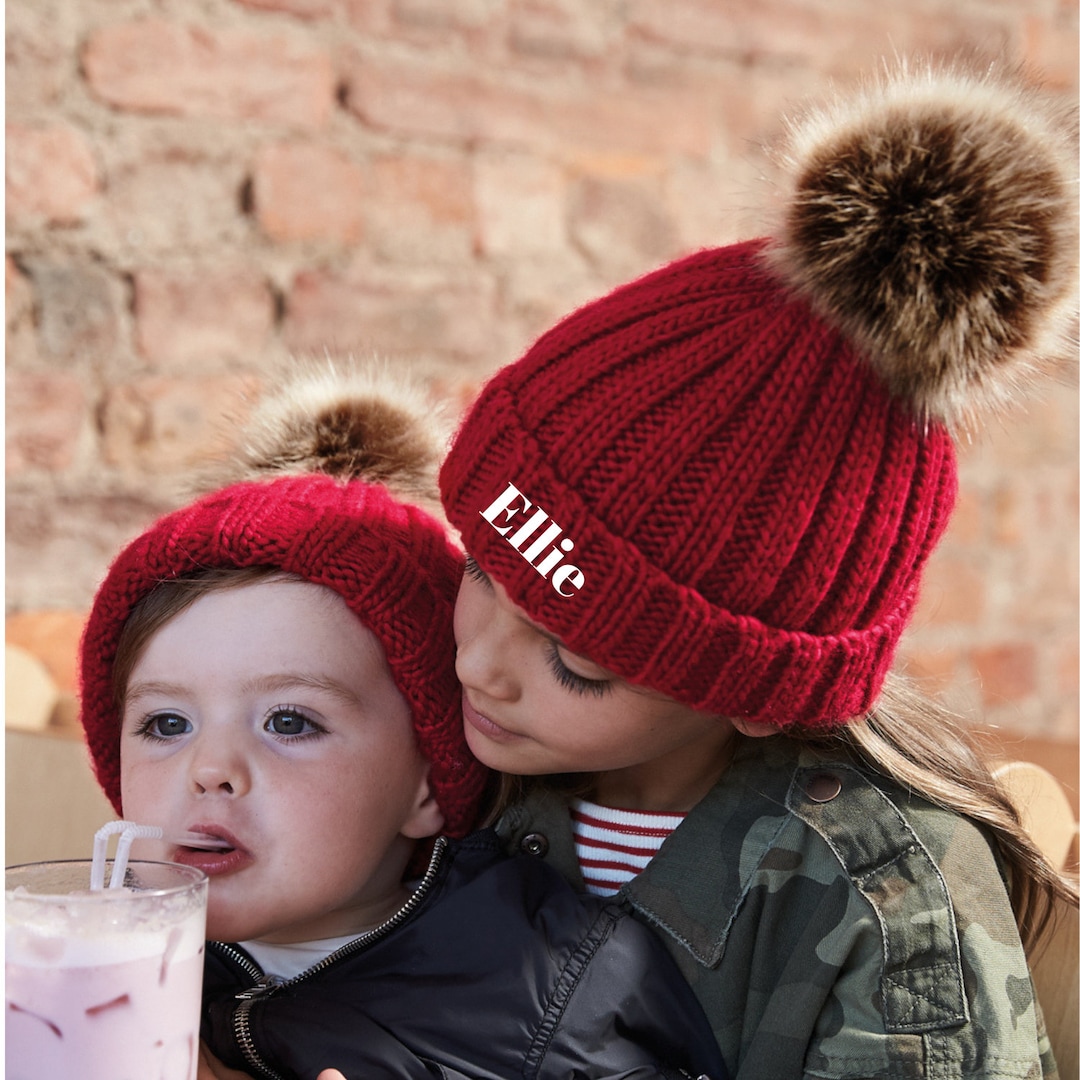 Kids Red Pom Pom Hat, Toddler Beanie With Pom Pom, Personalized Winter ...