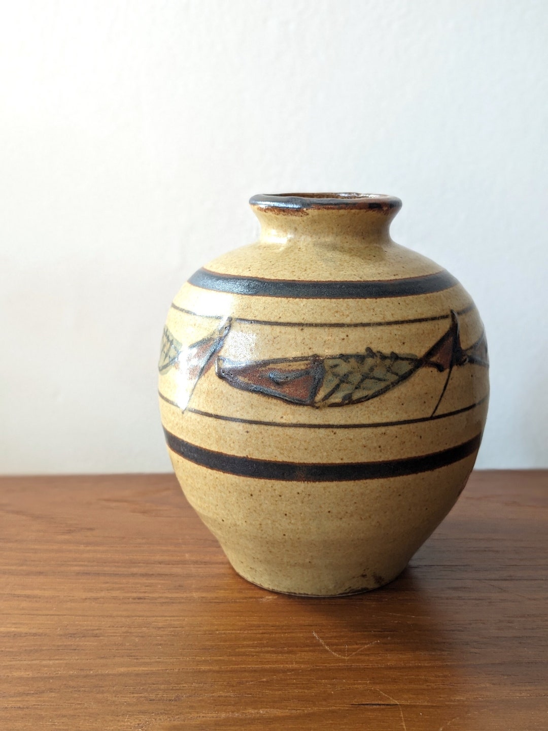 Vintage Fish Motif Hand Made Pottery Vase / Rustic Country Ceramic ...