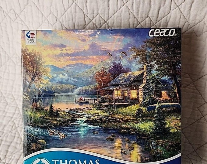 Thomas Kinkade Lake Log Cabin 1000-pc Jigsaw Puzzle Ceaco 27x20 Counted ...
