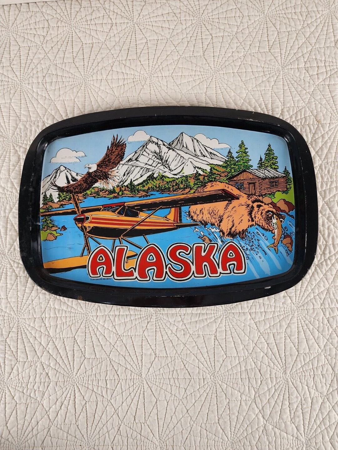 Alaska Tin Tray Vintage Pop Art 1990 JH Sales Eagle Bear Plane Log ...