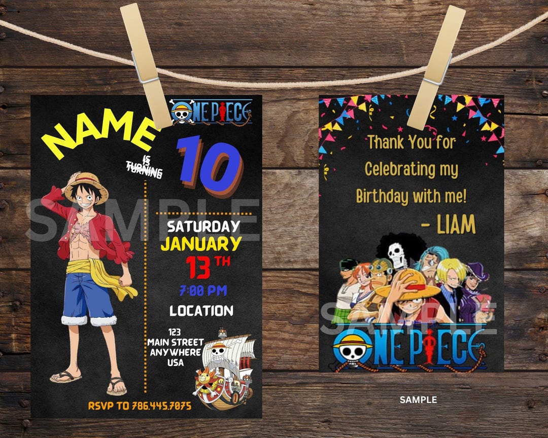 Anime Luffy Pirate Birthday Party Invitation W/ Thank You Cards Digital ...