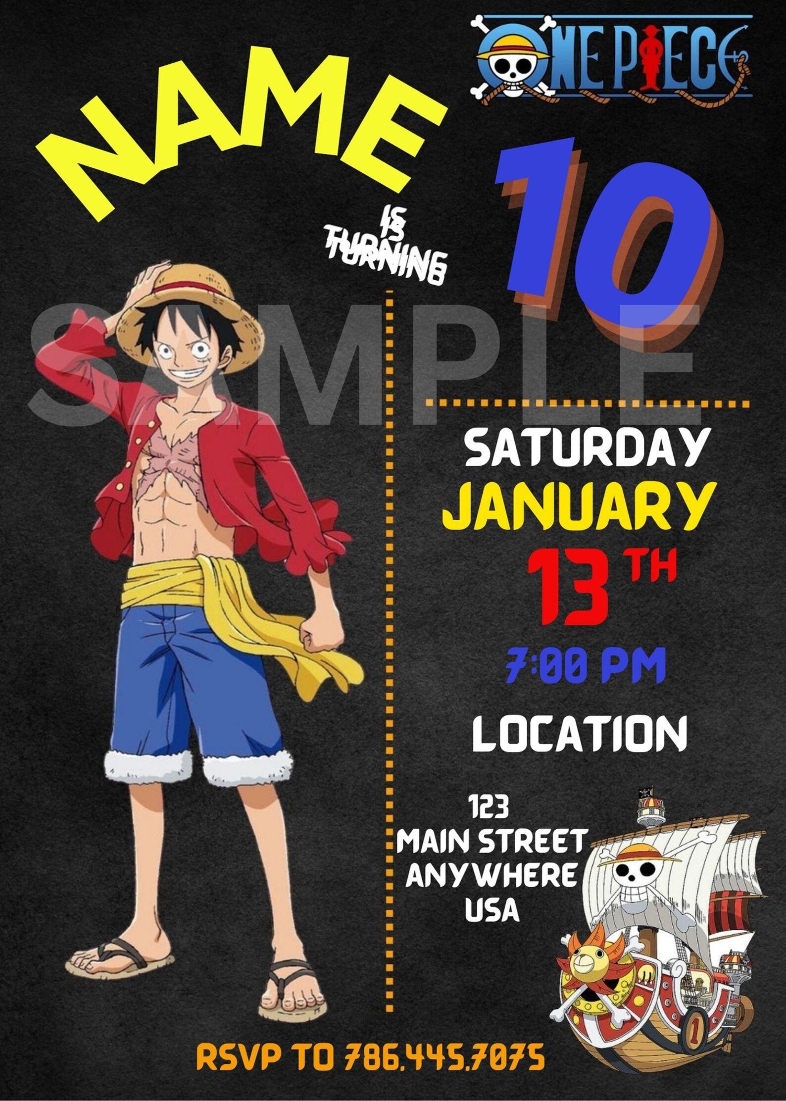 Anime Luffy Pirate Birthday Party Invitation W/ Thank You Cards Digital ...