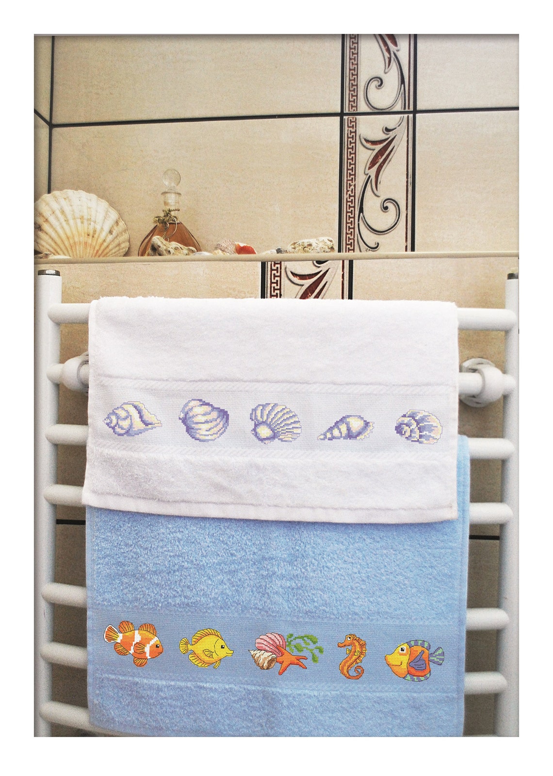 Towel With Fish and Shells Digital Patterns for Cross Stich, Small ...