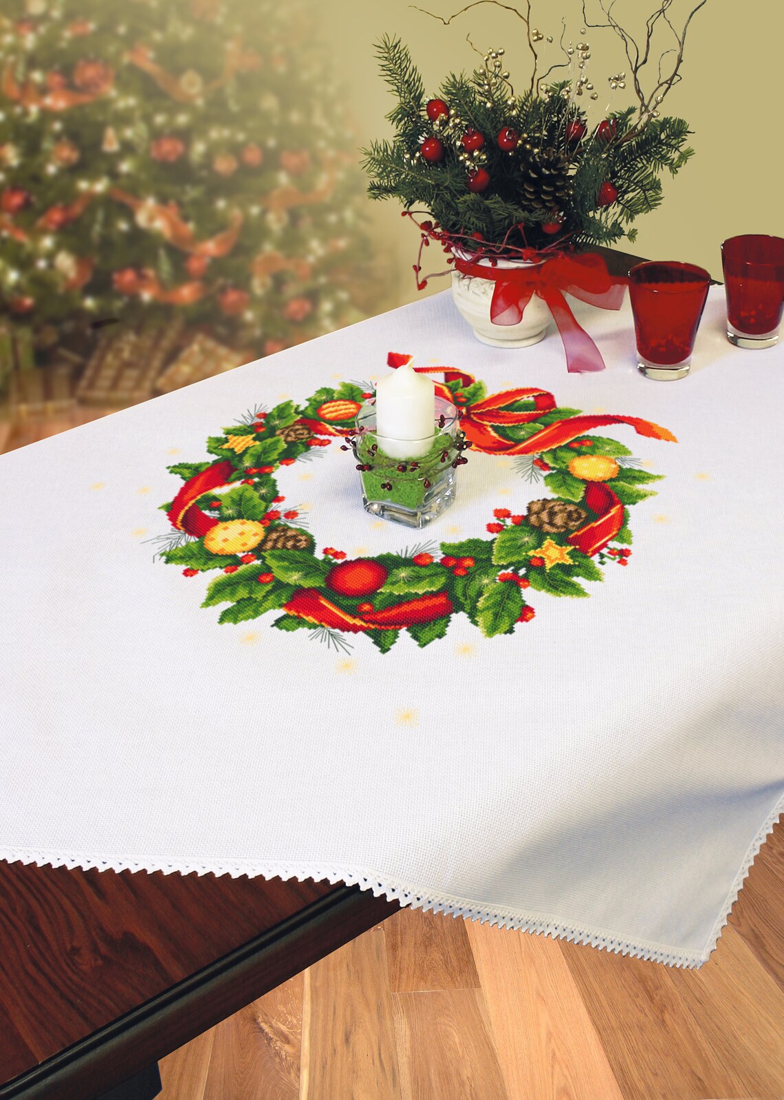Tablecloth Christmas Wreath Pdf Digital Cross Stitch Pattern - Etsy
