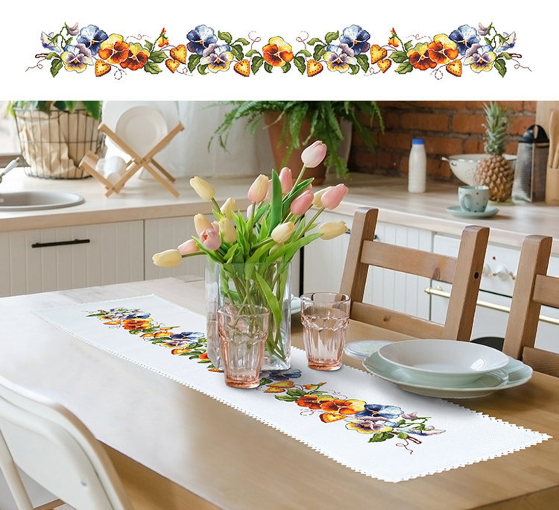 Long Table Runner With Pansies Digital Counted Cross Stitch - Etsy